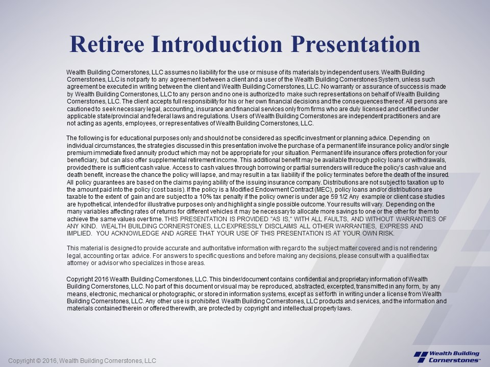 Retiree Introduction - Wealth Building Cornerstones, LLC